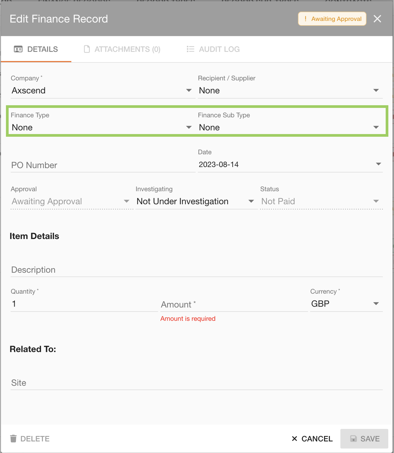 Managing Finance Record Types and Sub Types